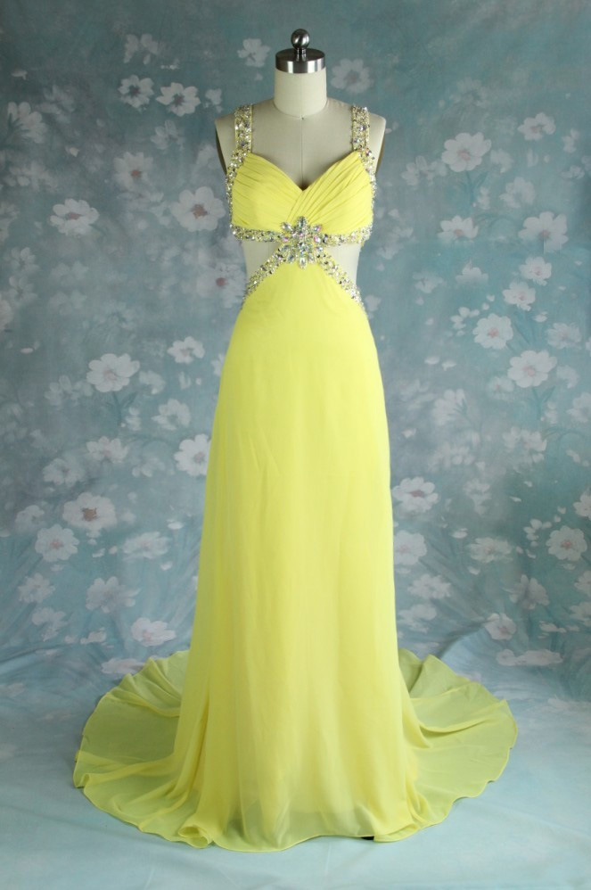 2015 Sexy Spaghetti Strapless Elegant Yellow Color Chiffon Crystal Top ...